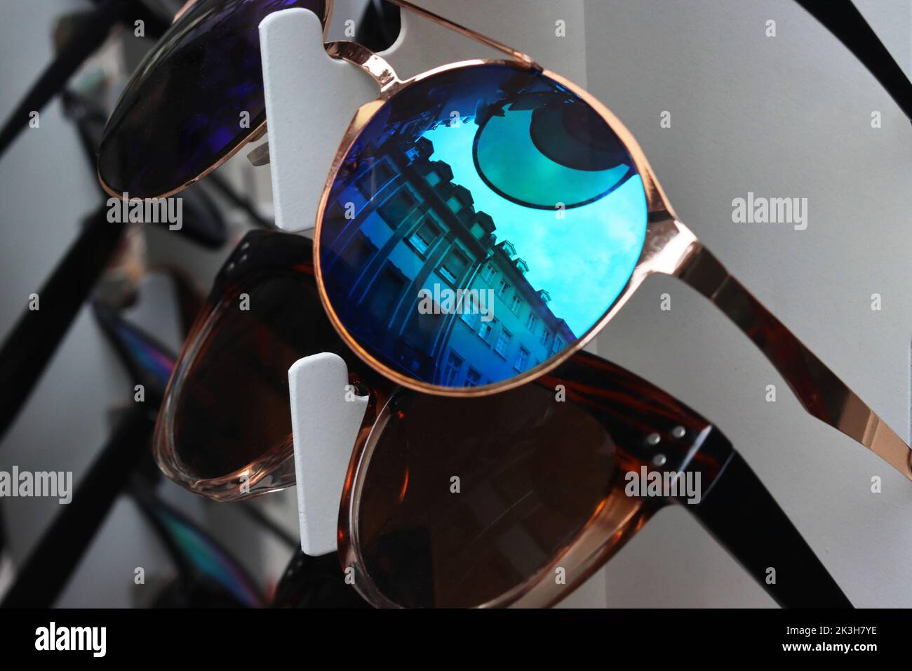 Lots of Sunglasses on the street stand in Heidelberg, Germany. Group of ...