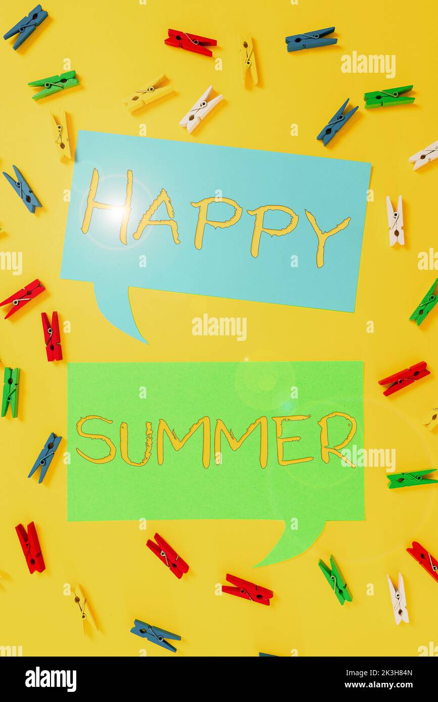 Hand writing sign Happy Summer. Word for Beaches Sunshine Relaxation ...