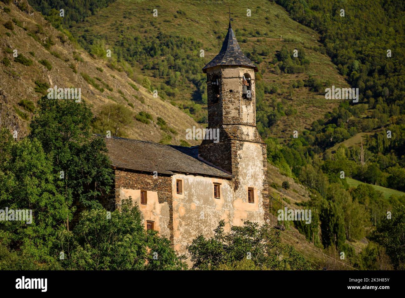 Village of Lladorre and church of Sant Martí, in the Cardós valley, on ...