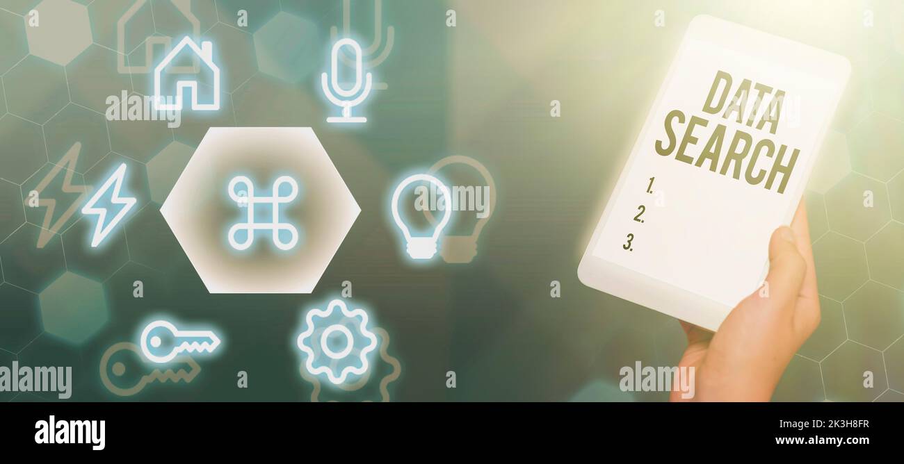 Sign displaying Data Search. Concept meaning gathers and reports ...