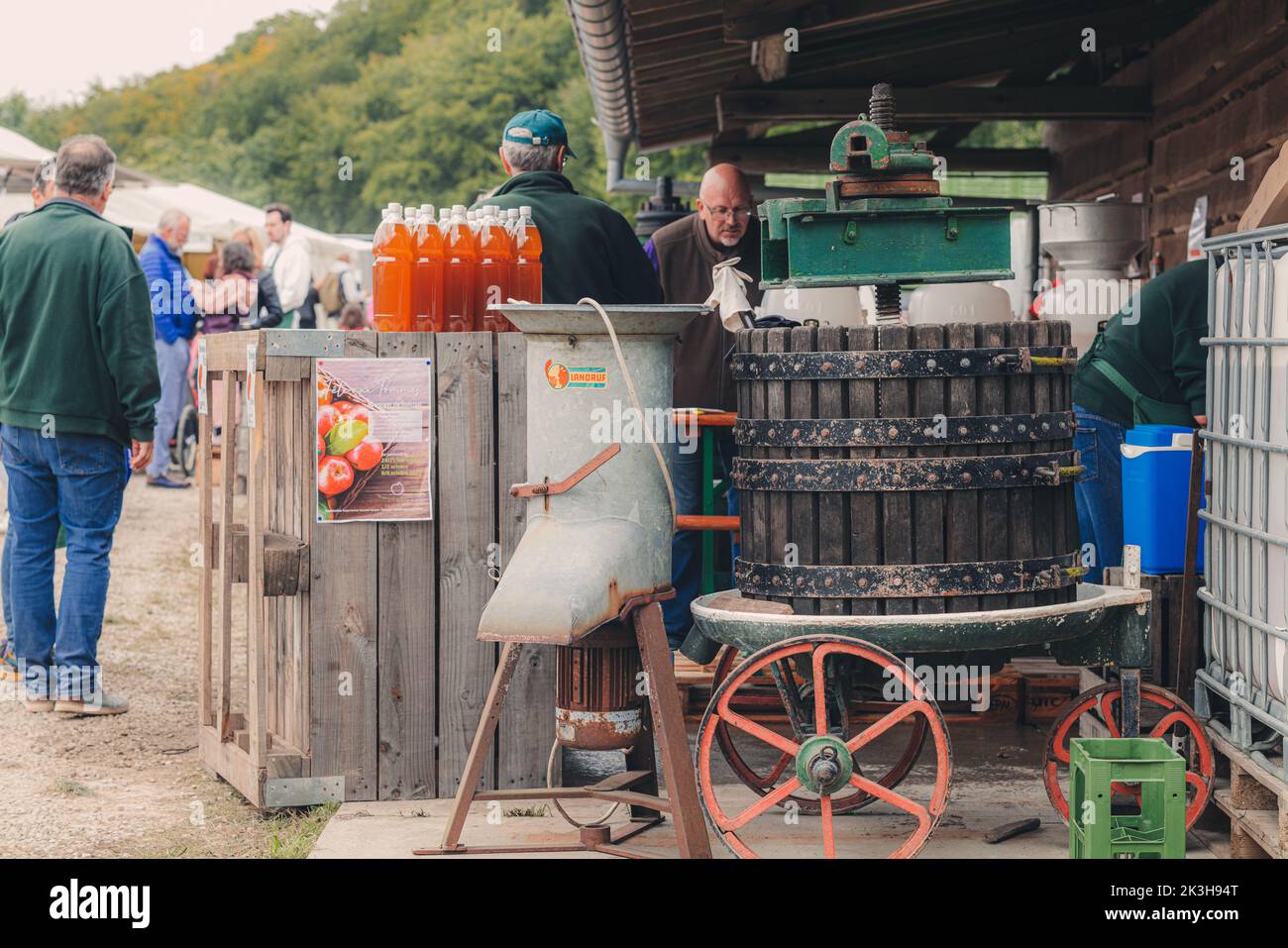 Steinsel, Luxembourg-September 2022: Making of fresh apple juice at the ...