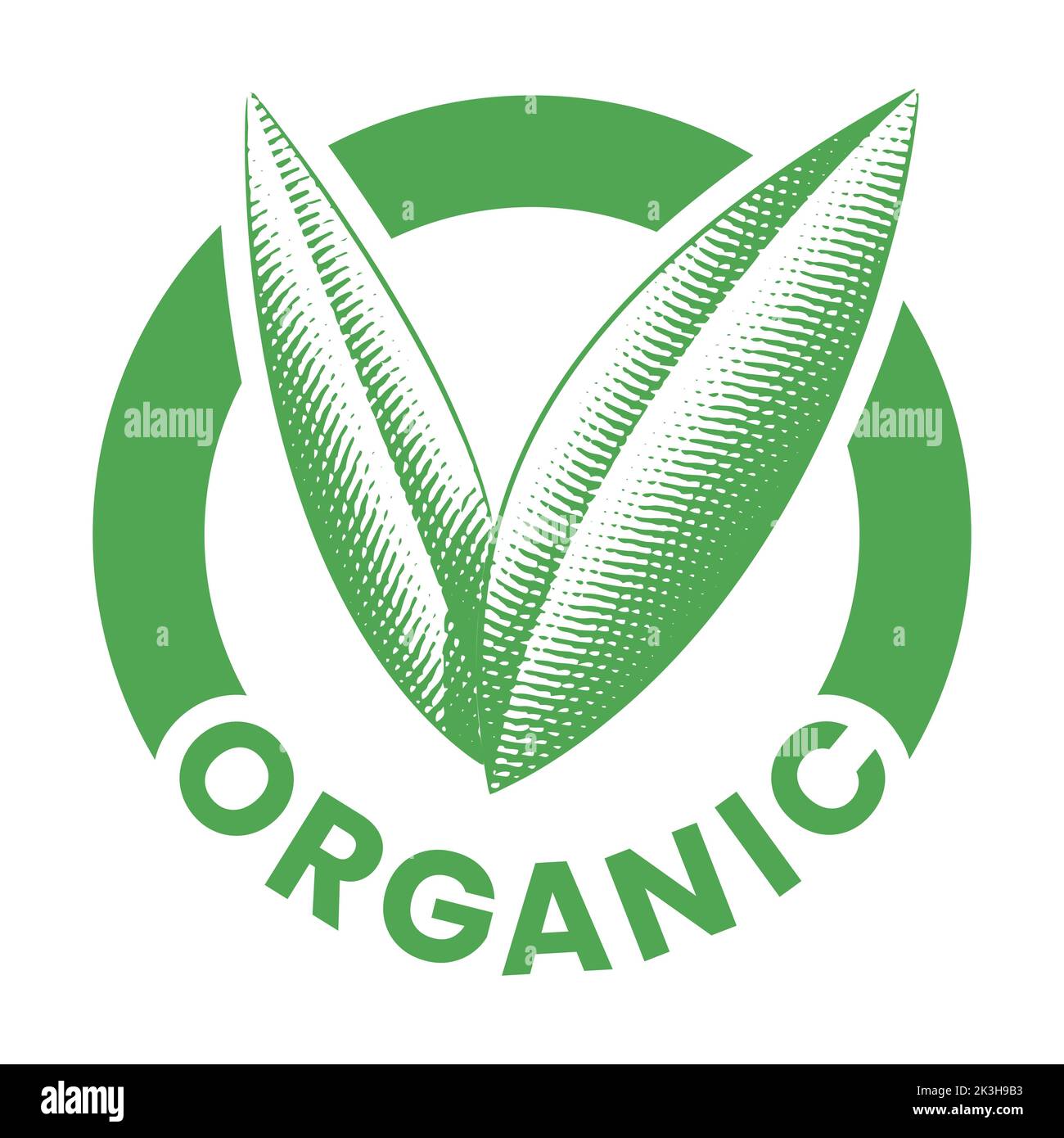 Organic Round Icon with Engraved Green Leaves isolated on a White ...