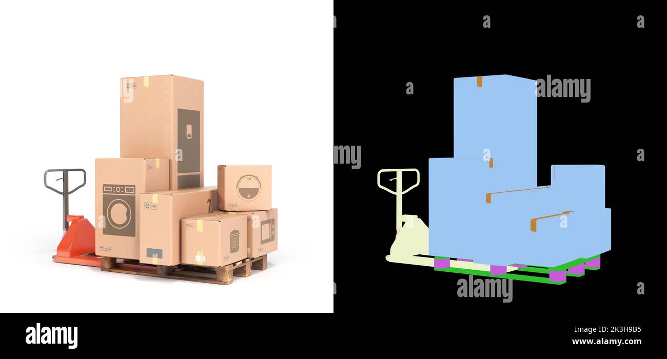 different appliance boxes set on lift loader 3d illustration on white ...