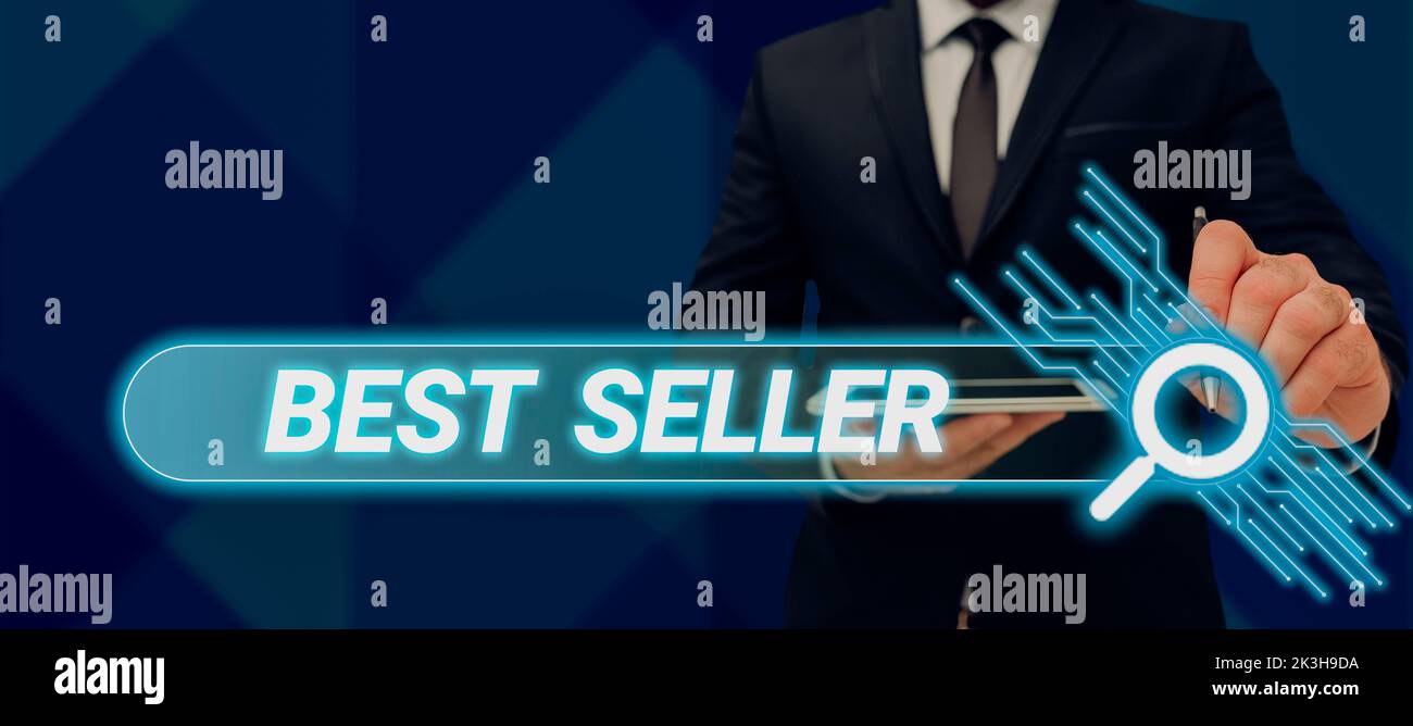 Hand writing sign Best Seller, Business idea book or other product that ...