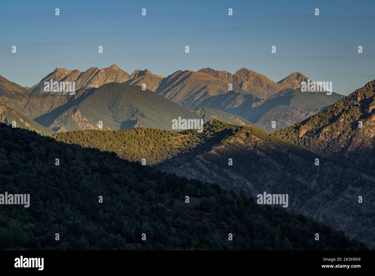 Sunrise over the mountains of the Aigüestortes i Estany de Sant Maurici ...