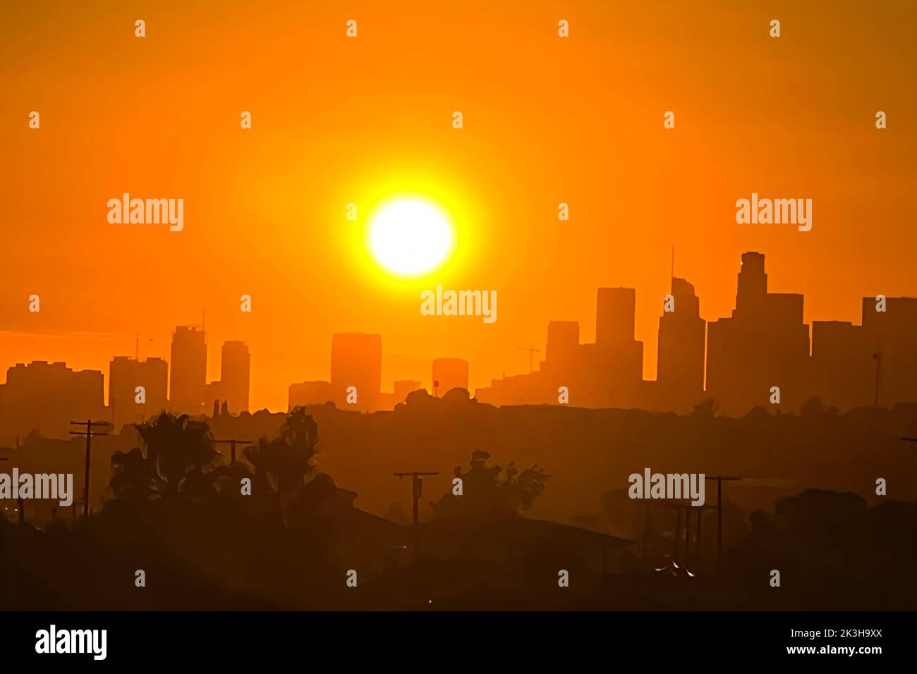 The sun sets over the downtown Los Angeles skyline cityscape on Monday ...