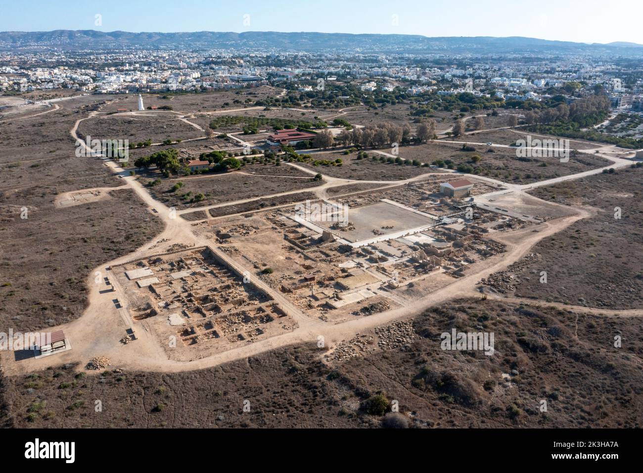 Aerial view of Paphos Archaeological park and lighthouse, Paphos ...