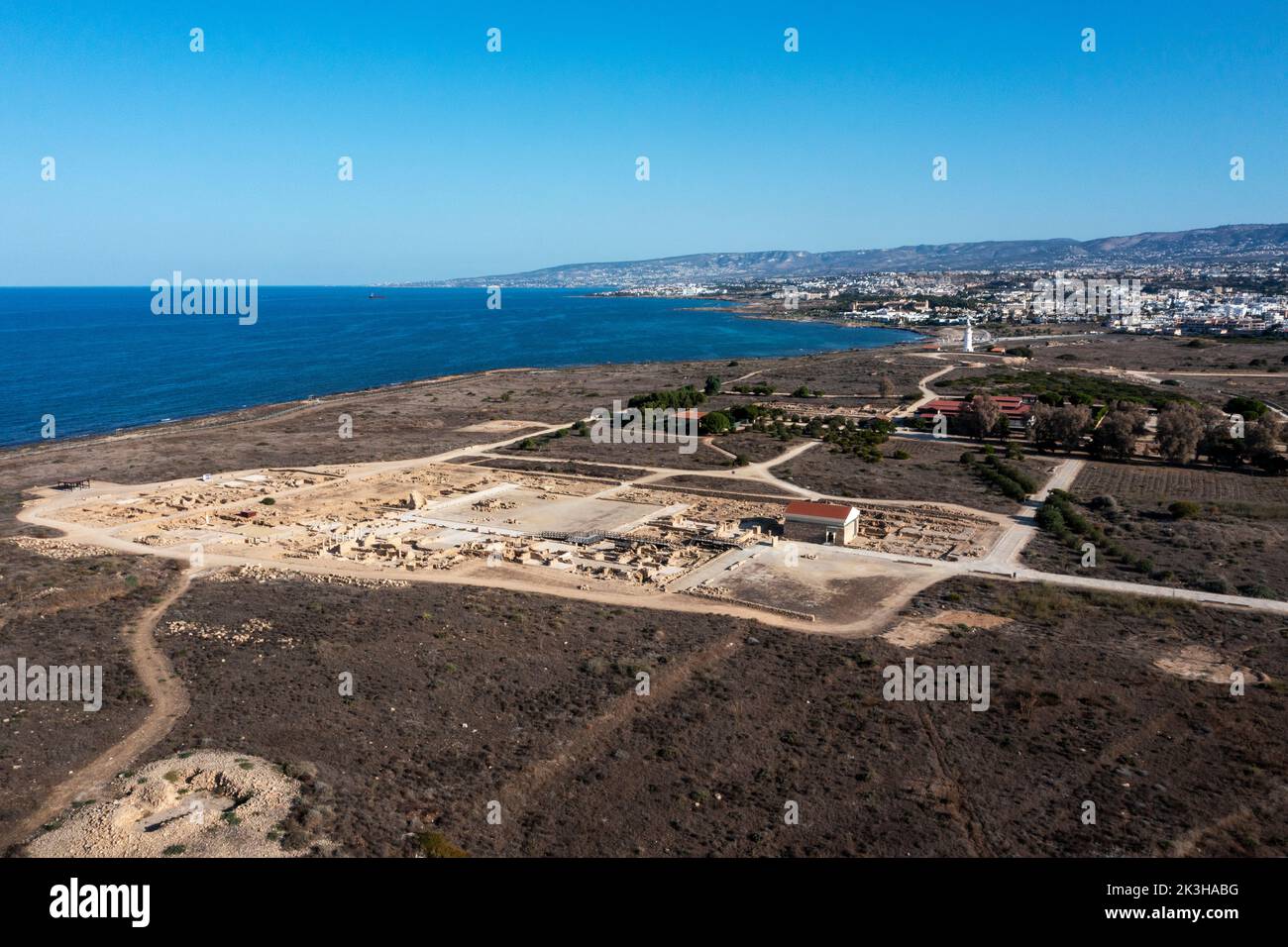 Aerial view of Paphos Archaeological park and lighthouse, Paphos ...
