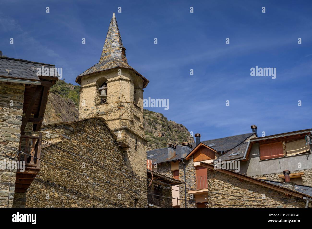 Village and bell tower of the church of Santa Eugènia in Ainet de ...