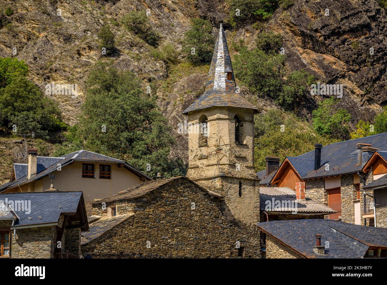Village and bell tower of the church of Santa Eugènia in Ainet de ...