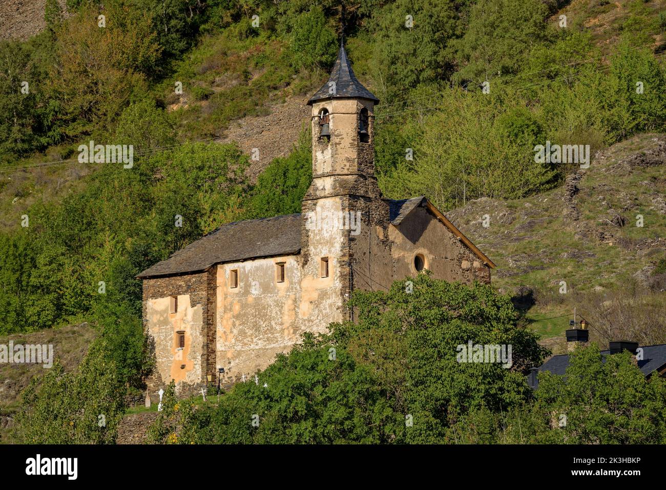 Village of Lladorre and church of Sant Martí, in the Cardós valley, on ...