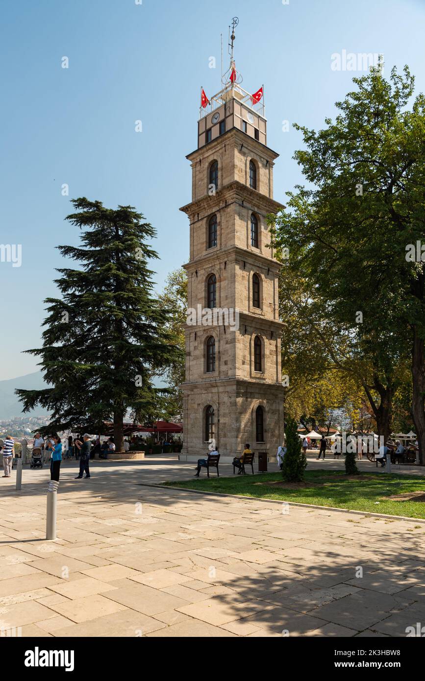 Bursa ,Turkey September 17 2022 : The historical clock tower in Tophane ...