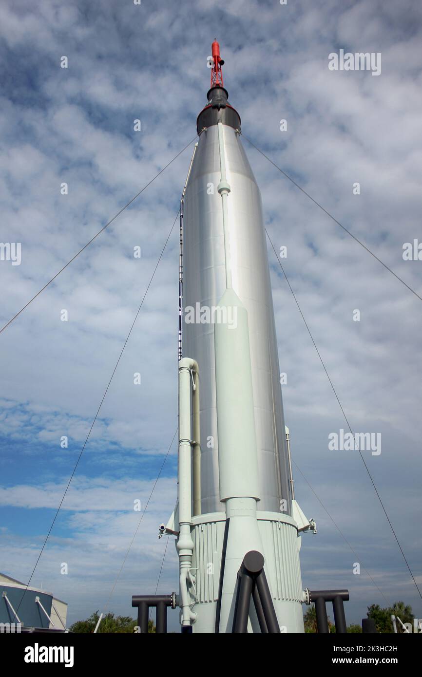 Rocket garden at Kennedy Space Center visitor complex. Sign for rocket ...