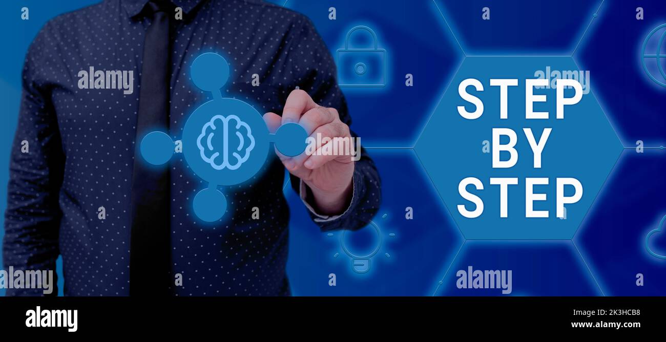 Hand writing sign Step By Step. Business idea Slow progress Road to ...