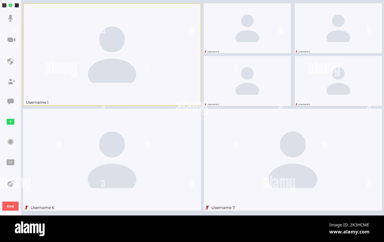 Template video conference user interface, video conference calls window overlay.Seven users ...