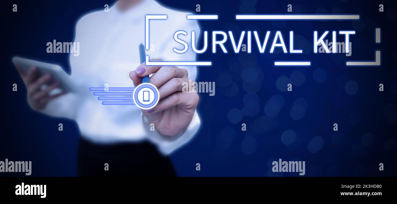 Hand writing sign Survival Kit. Business idea Emergency Equipment ...