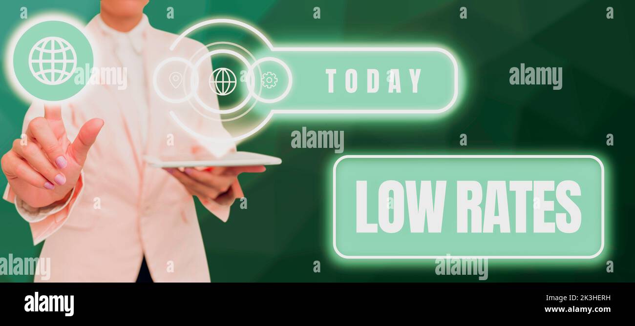 Text showing inspiration Low Rates, Conceptual photo A cost of an item ...