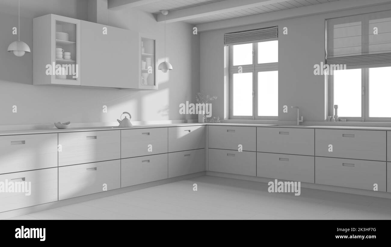 Total white project draft, wooden kitchen. Minimalist and clean style ...