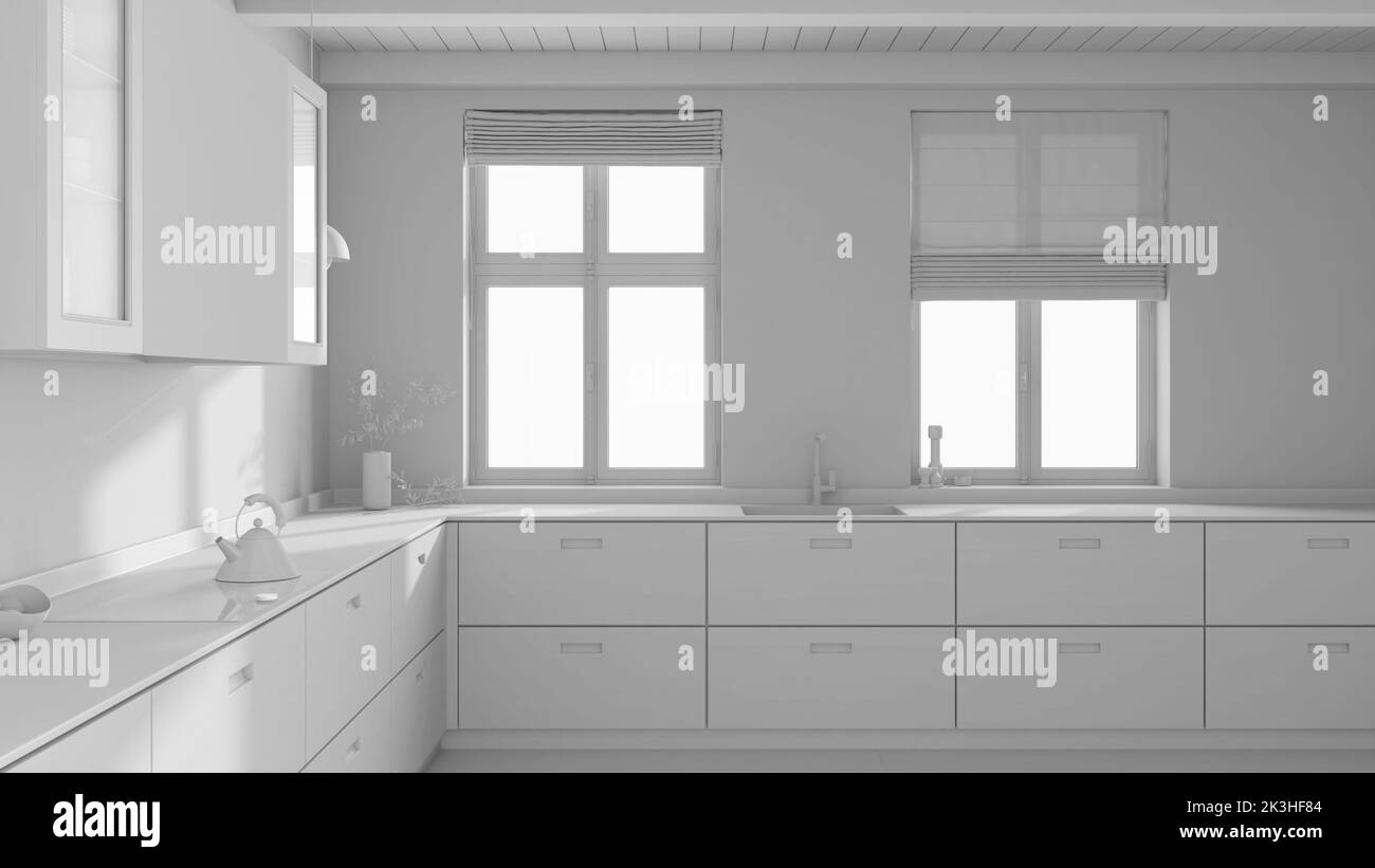 Total white project draft, japandi wooden kitchen. Parquet floor and ...