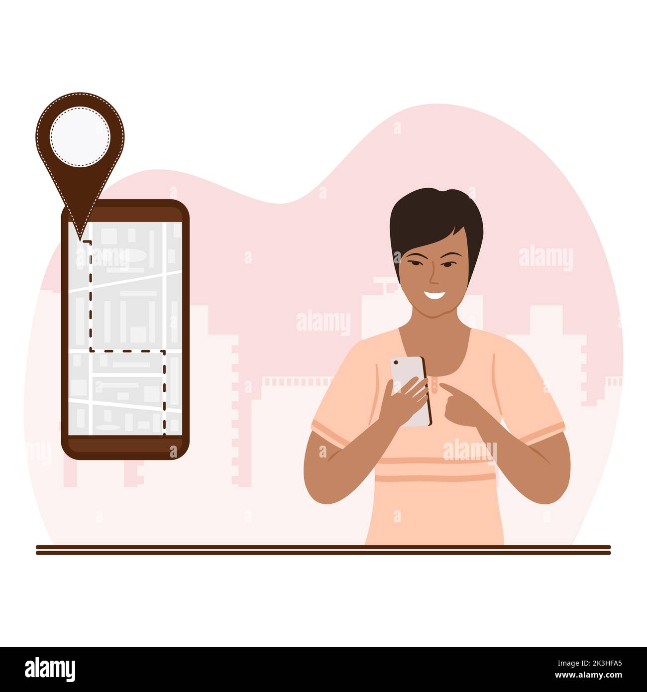 Vector illustration Woman using maps app on cell phone Girl trying to ...