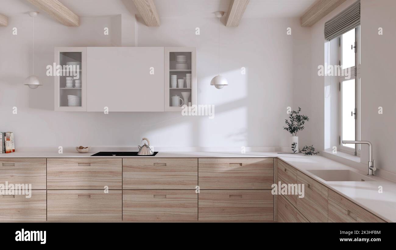 Bleached wooden japandi kitchen in white tones. Parquet floor and beams ...