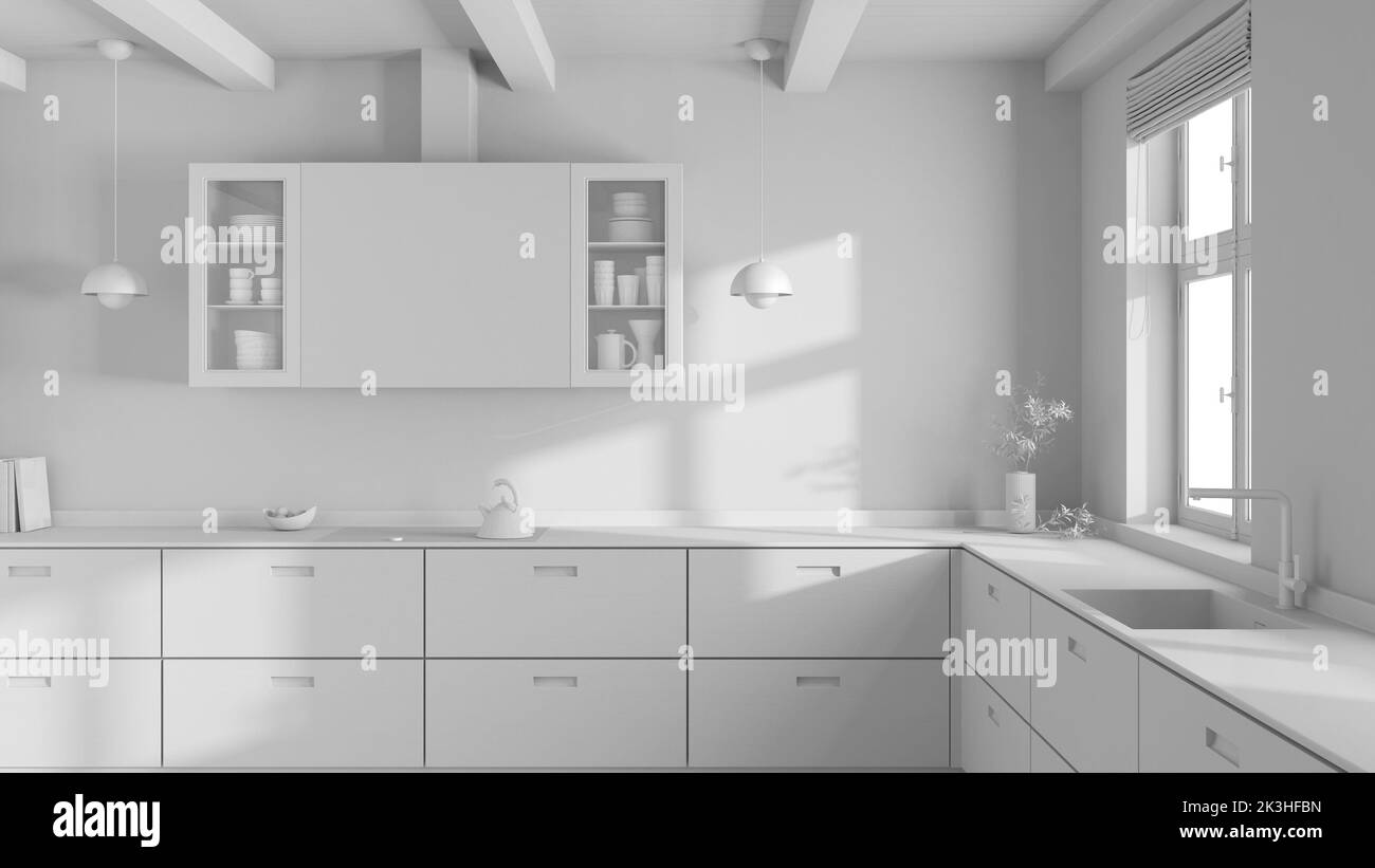 Total white project draft, wooden japandi kitchen. Parquet floor and ...