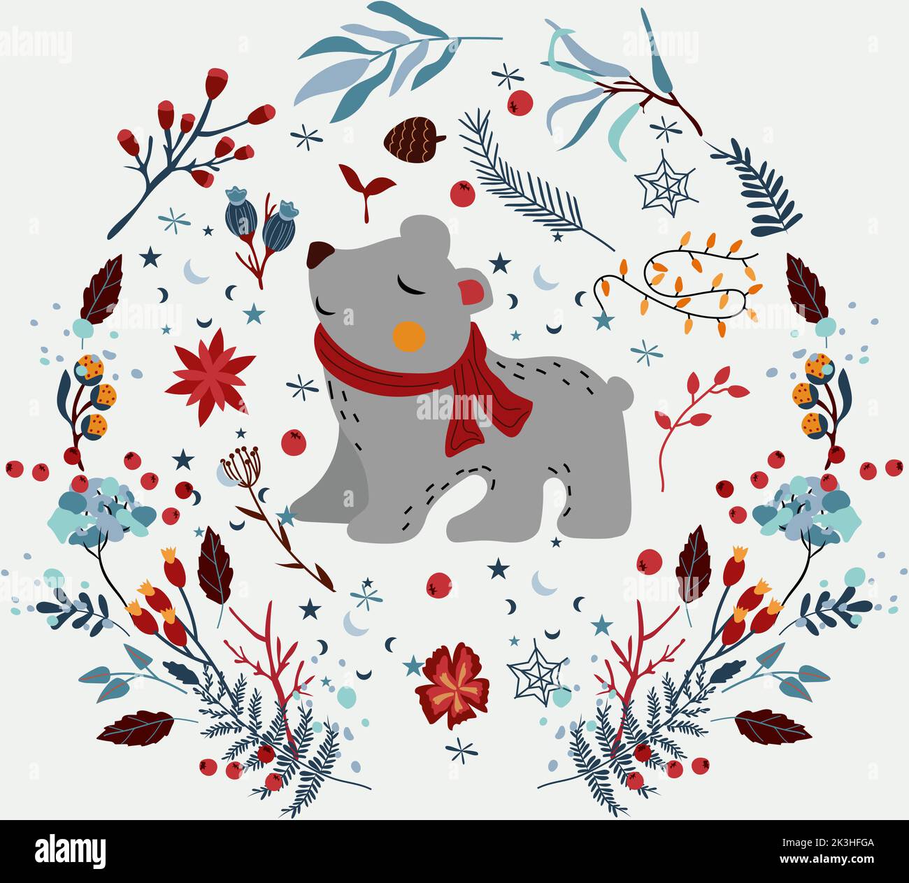 Magical winter, background with a cute polar bear in a wreath, winter ...