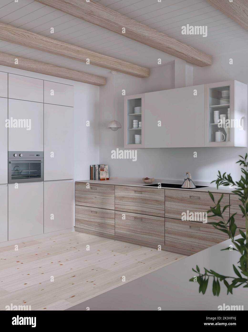 Minimalist bleached wooden kitchen in white tones. Cabinets and ...