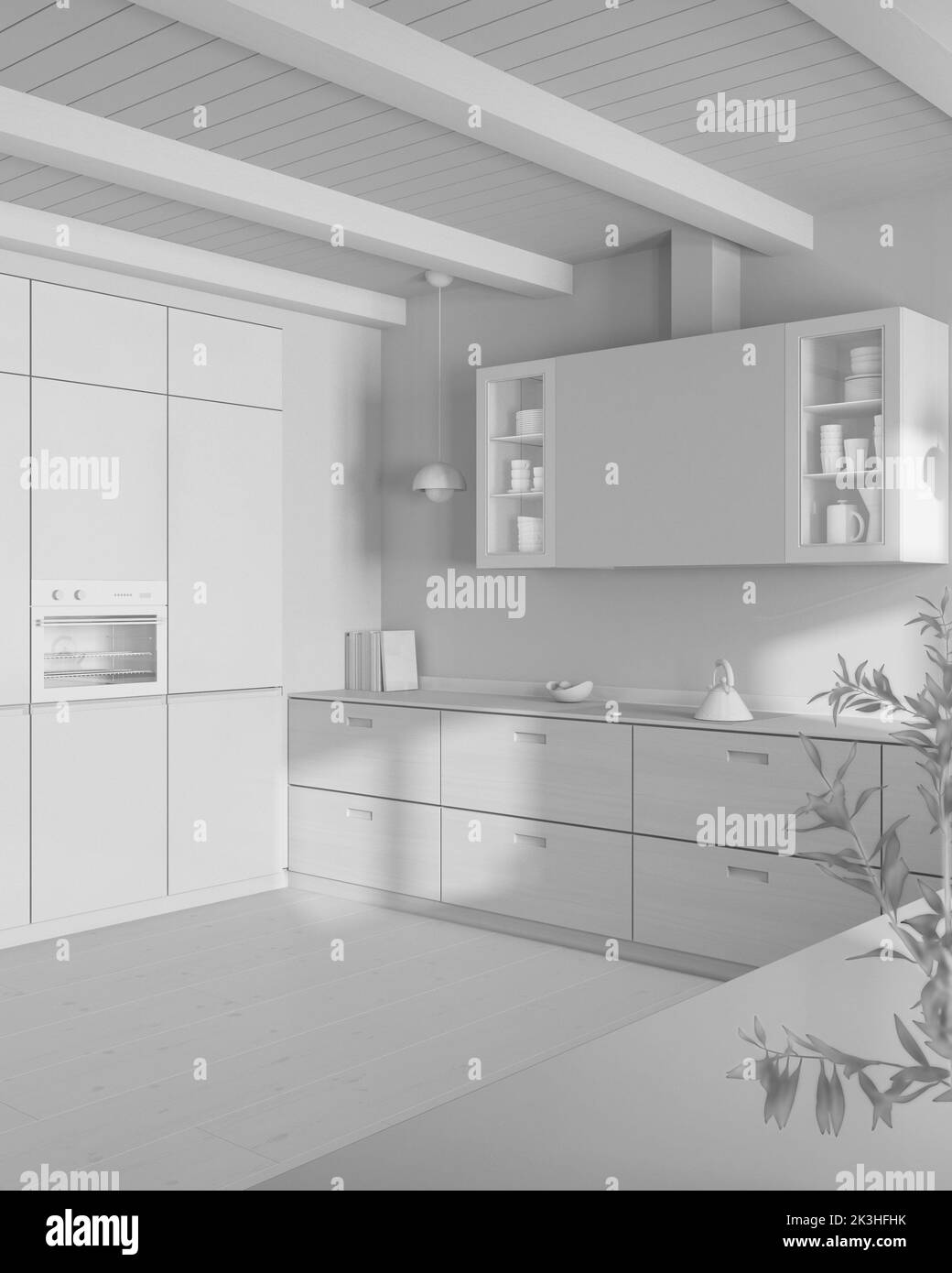 Total white project draft, minimalist wooden kitchen. Cabinets and ...