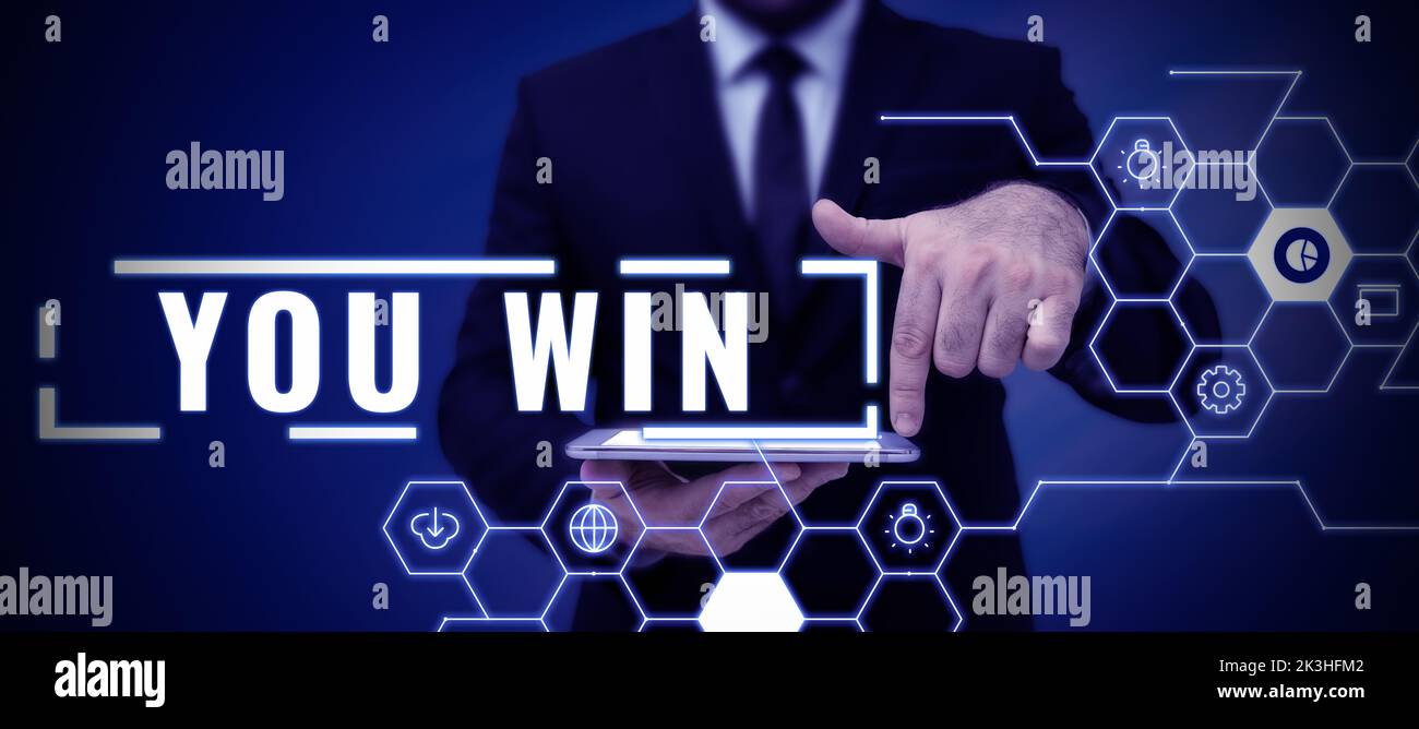 Text sign showing You Win, Business overview be first in school race or ...