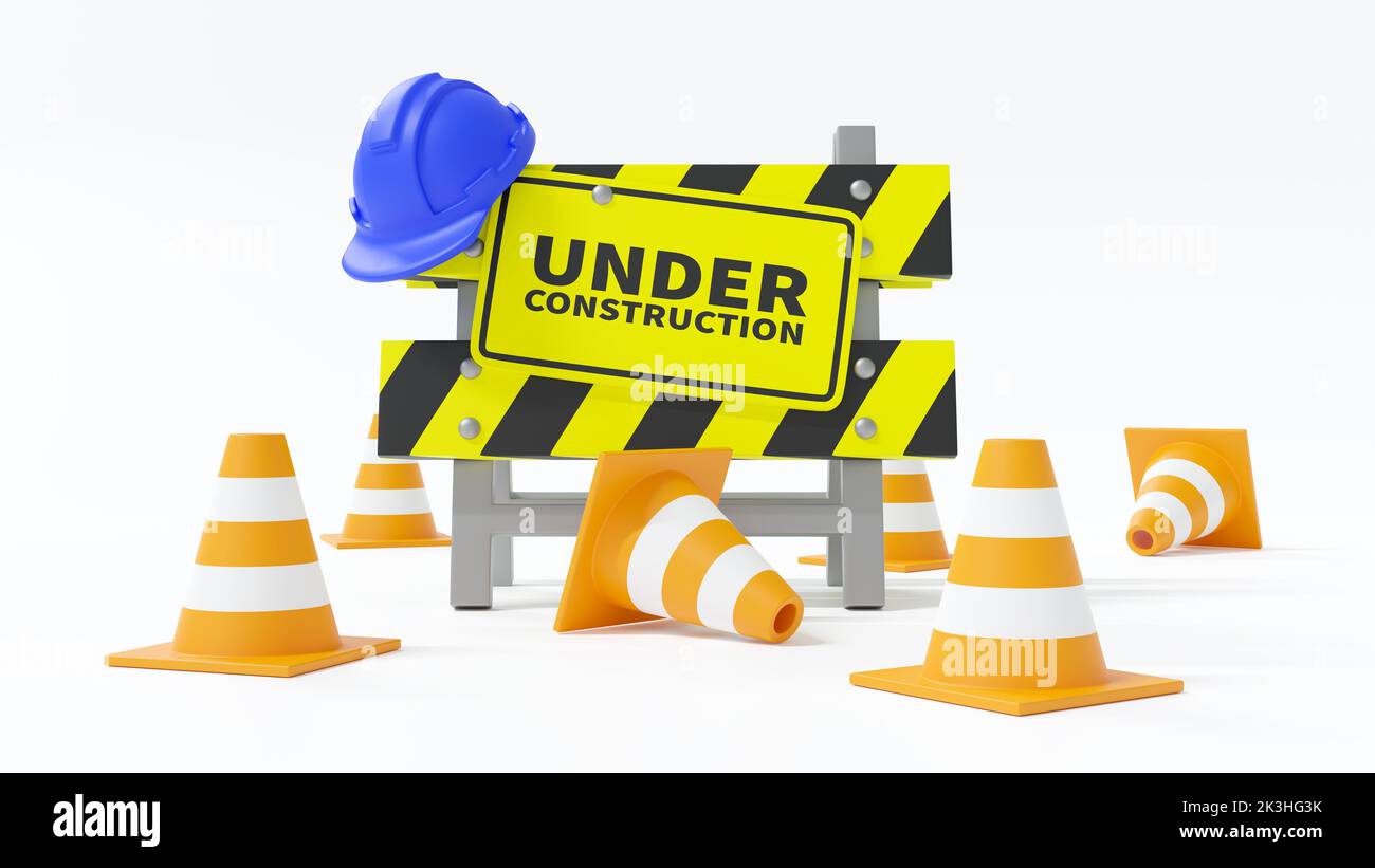 Under construction . Barrier with safety hat and traffic cone . Isolated white background . 3D ...