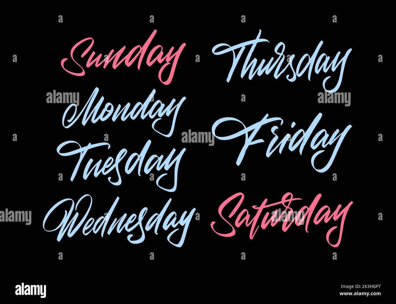 Days of the week in English lettering style on a black background for ...