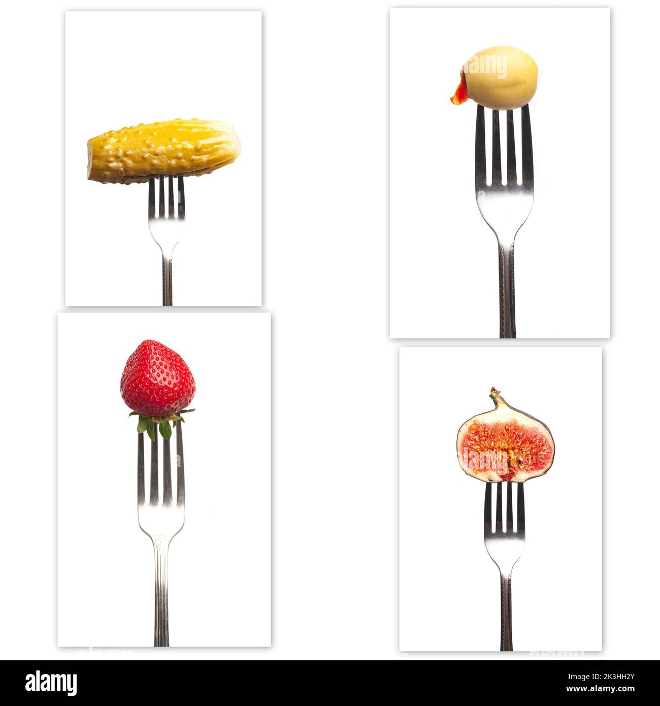 collage with pickled cucumber,green olives,strawberries,figs on a fork ...