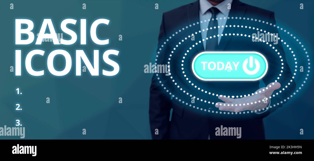 Text caption presenting Basic Icons. Business overview pictogram or ...