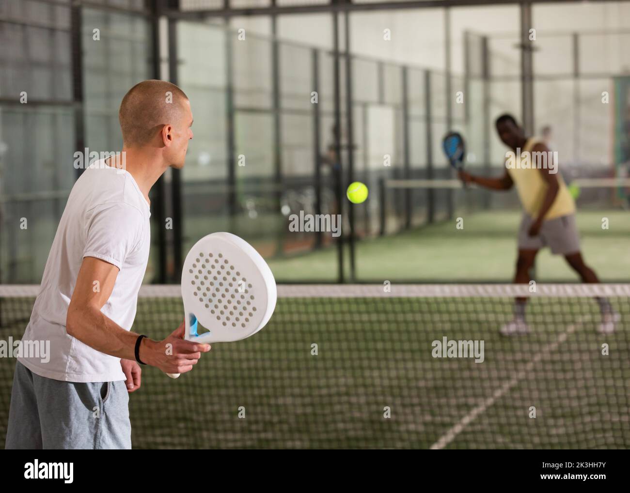 Rear view of man playing paddle tennis on indoor court Stock Photo - Alamy