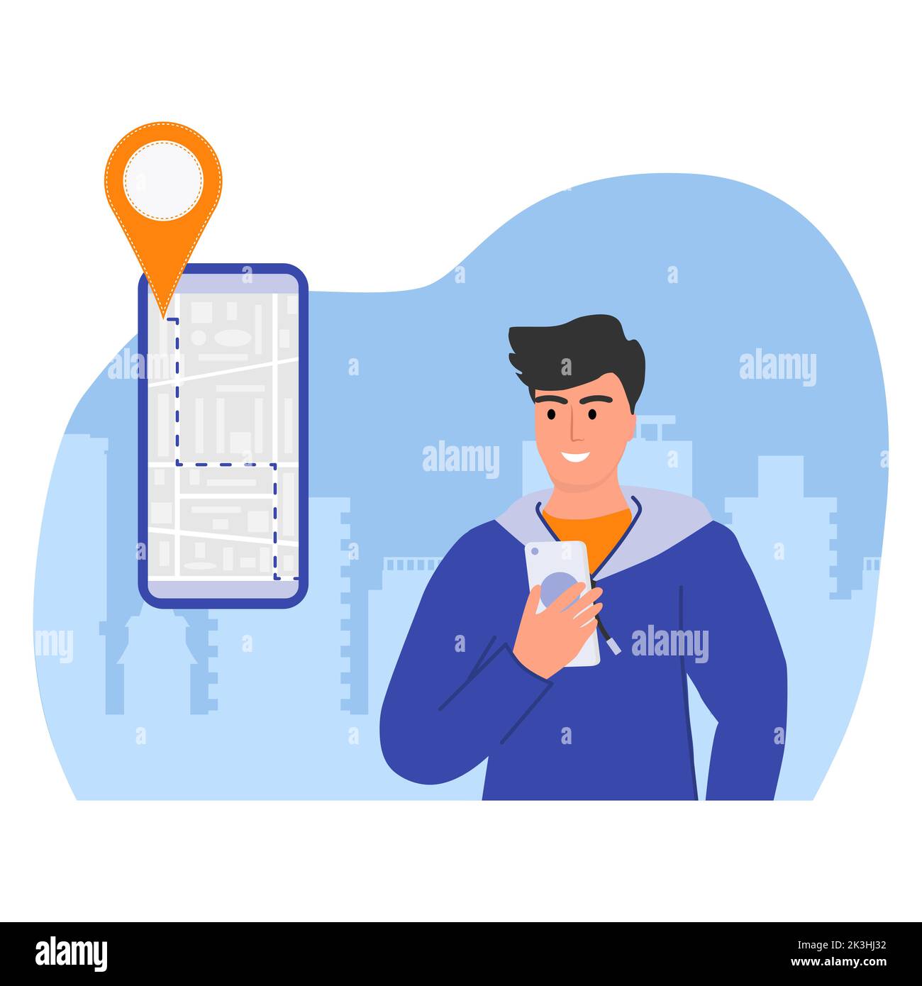 Vector illustration Man using maps app on cell phone. Male trying to ...