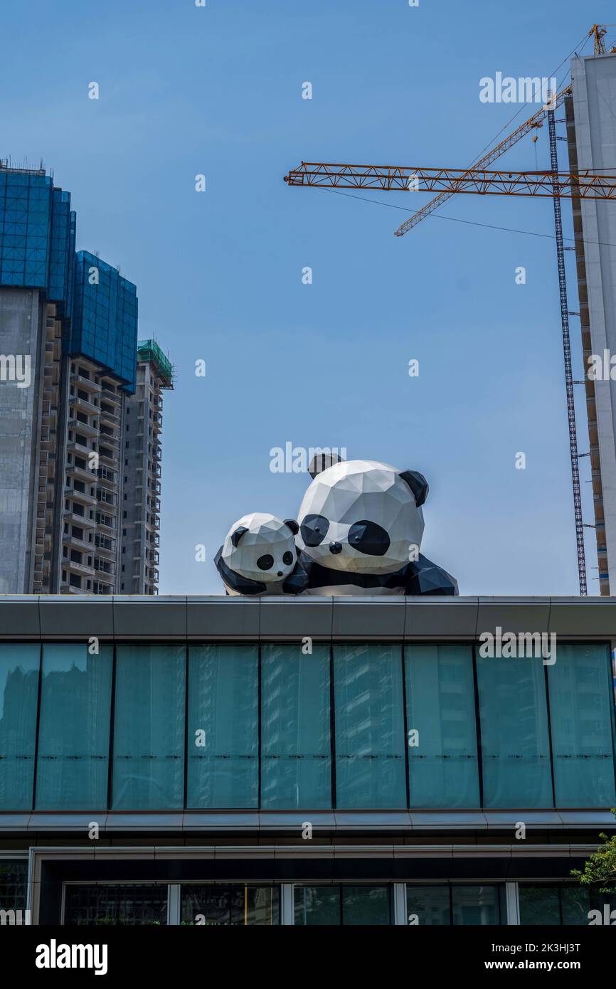 Photo shows the giant panda statue on the top of a building in Nanning ...