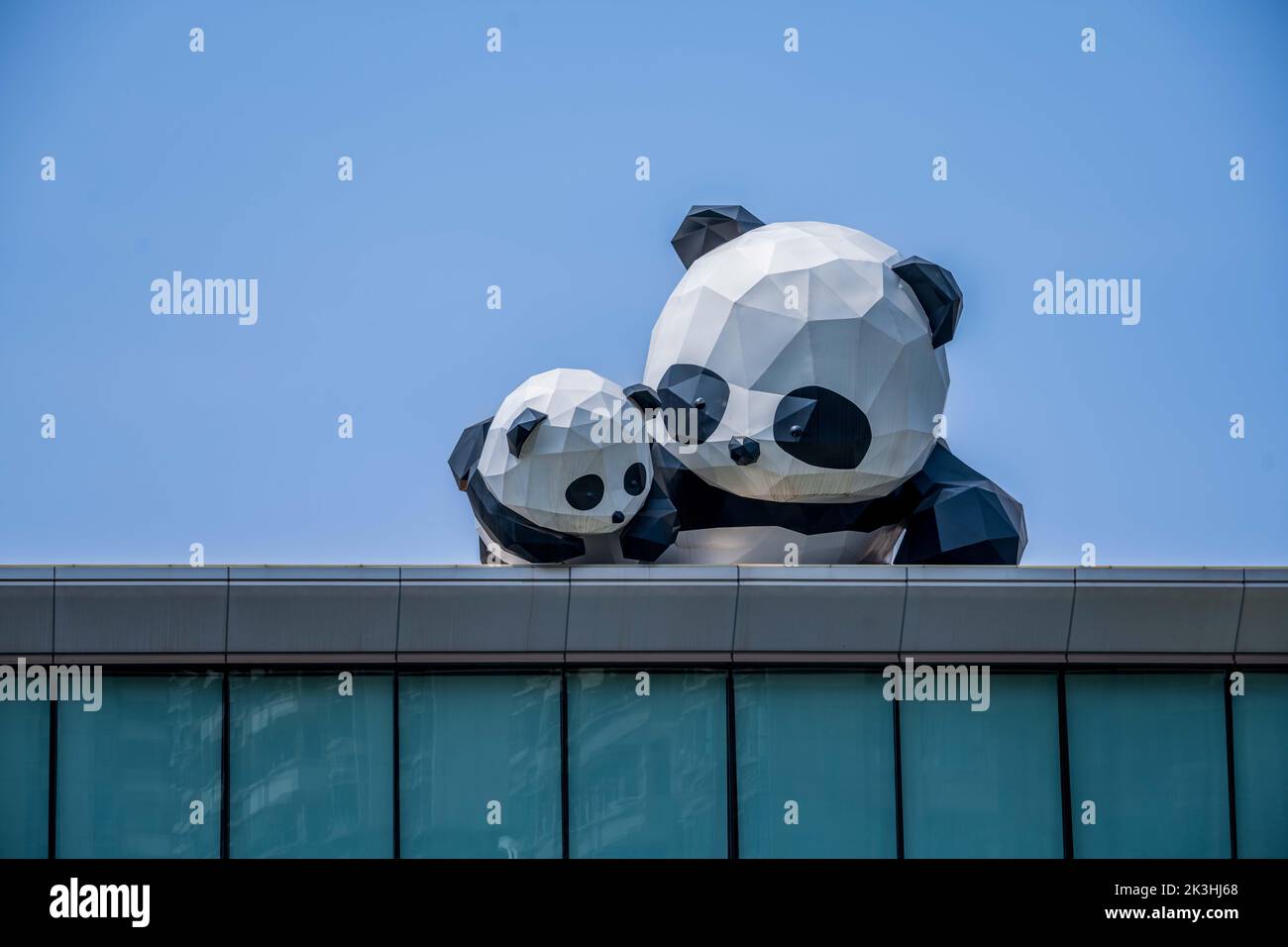 Photo shows the giant panda statue on the top of a building in Nanning ...