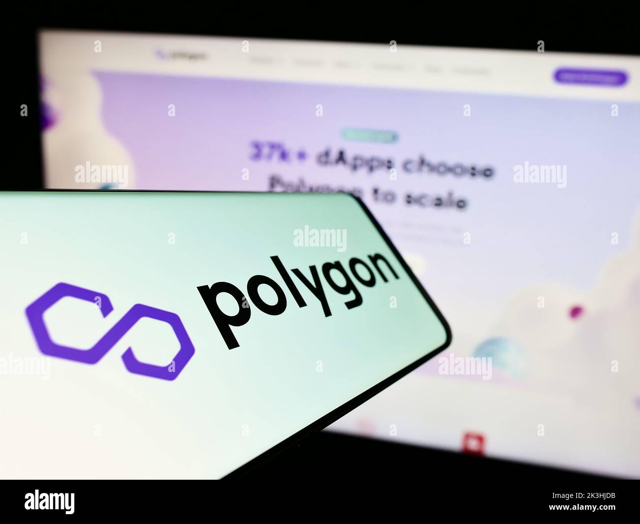Mobile phone with logo of Indian Web3 company Polygon Technology on screen in front of business ...