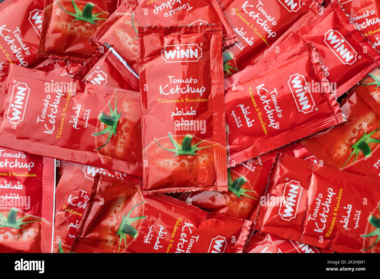 Doha, Qatar - September 27, 2022: Packets of single serving Winn Tomato ...
