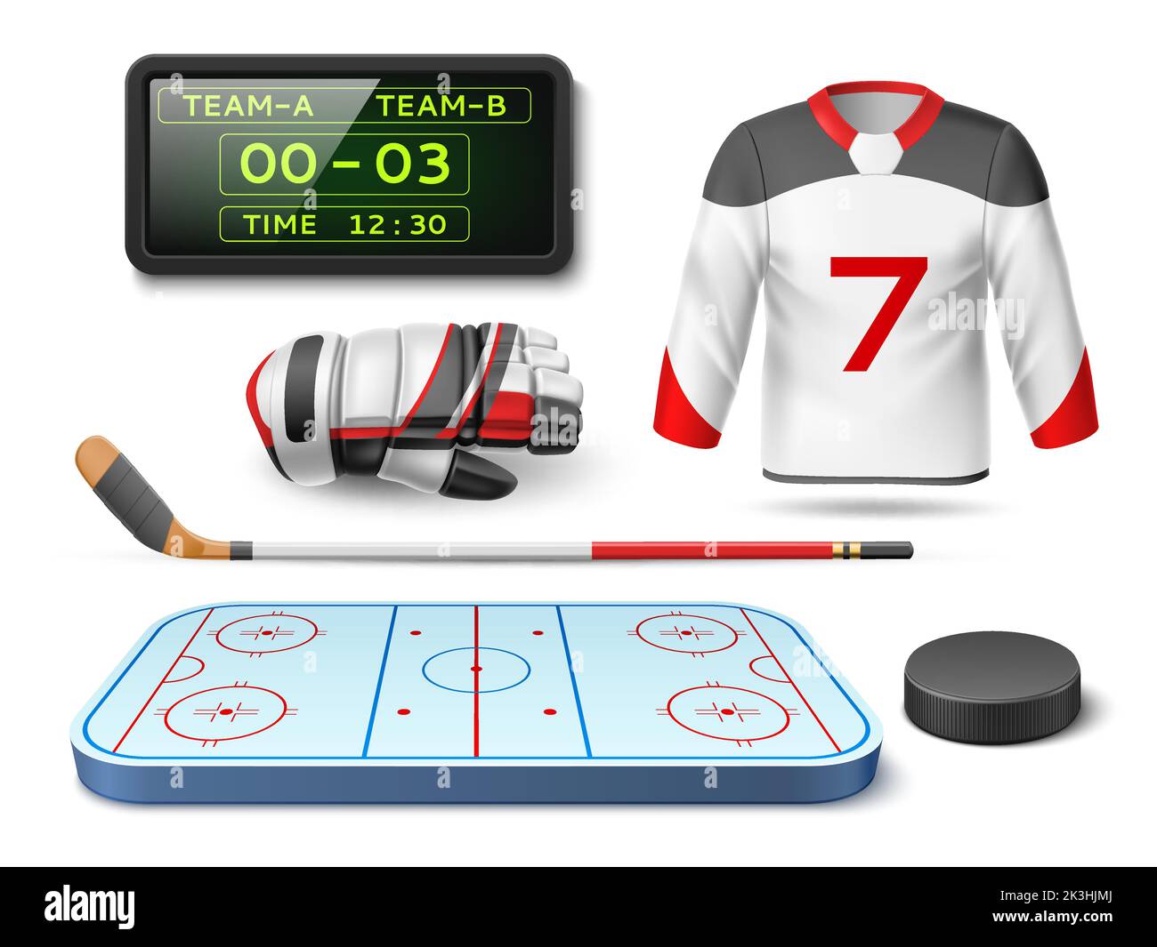 Realistic ice hockey elements. 3D sport objects, team play, wooden ...