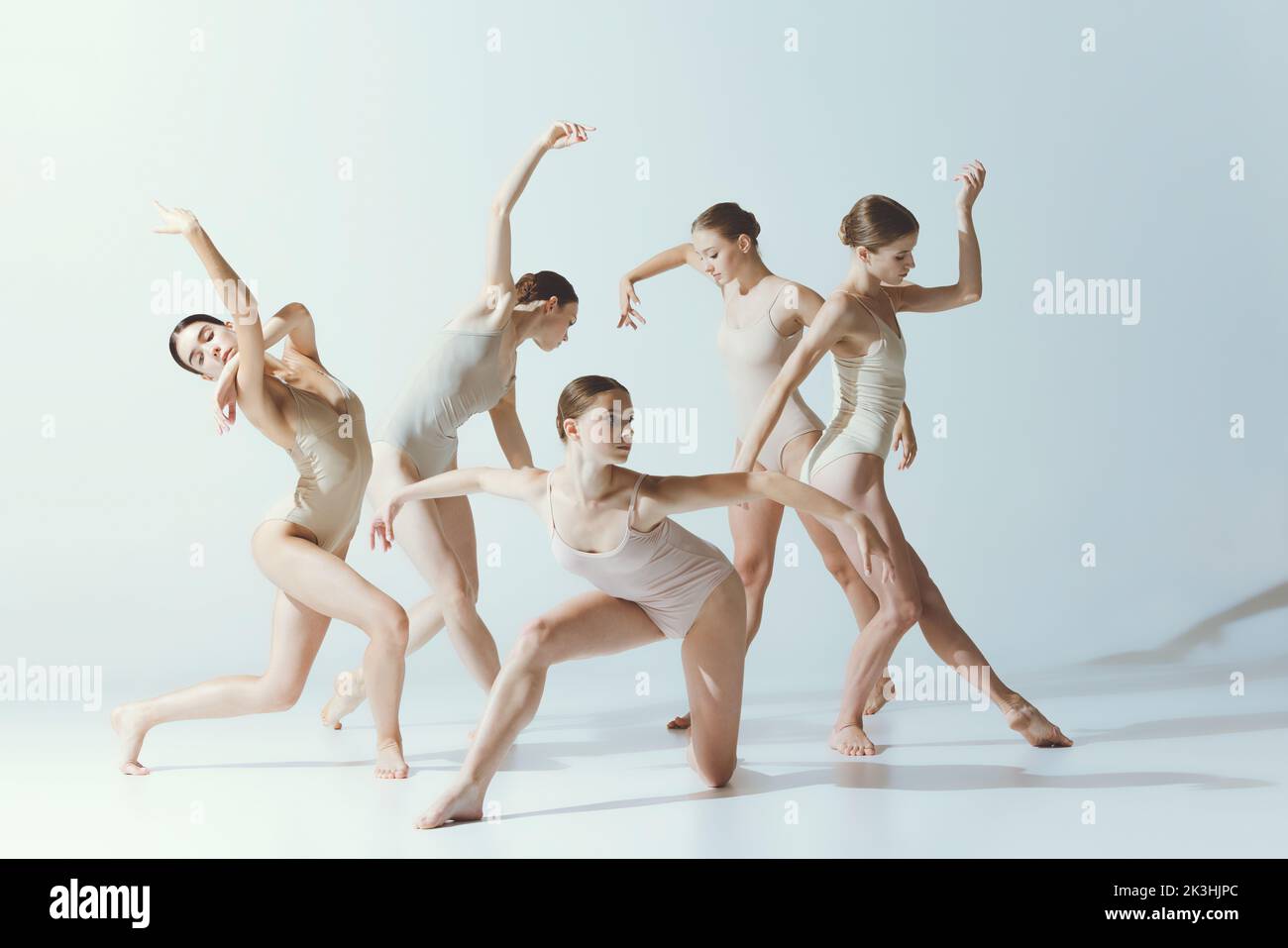 Group of young tender girls dancing, performing isolated over grey ...