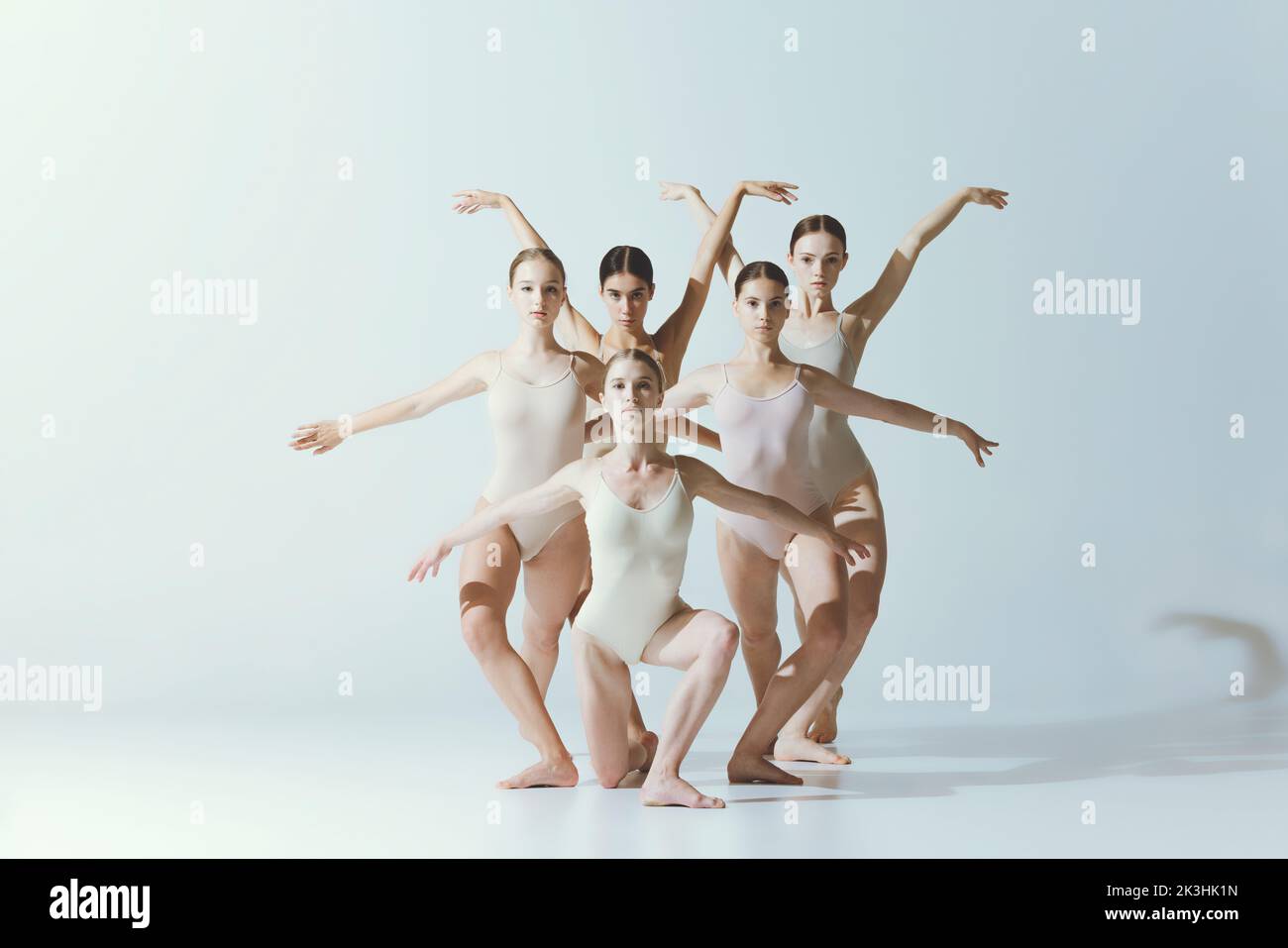 Group of young girls, ballet dancers posing isolated over grey studio ...