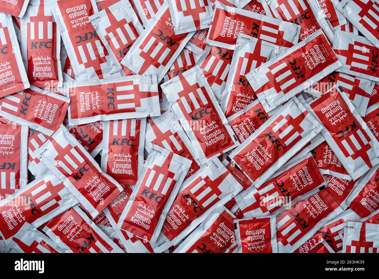 Doha, Qatar - September 27, 2022: Packets of single serving KFC Tomato ...