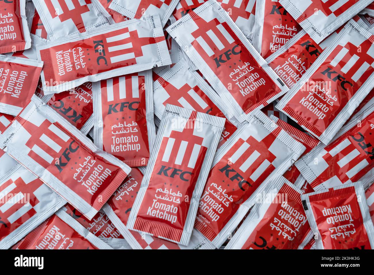 Doha, Qatar - September 27, 2022: Packets of single serving KFC Tomato ...
