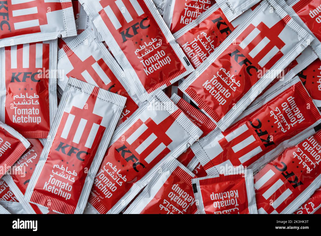 Doha, Qatar - September 27, 2022: Packets of single serving KFC Tomato ...