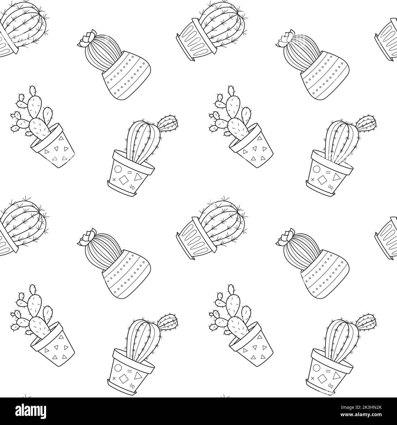 Seamless pattern with hand drawn doodle outline potted cactuses. Home plant, linear succulent ...