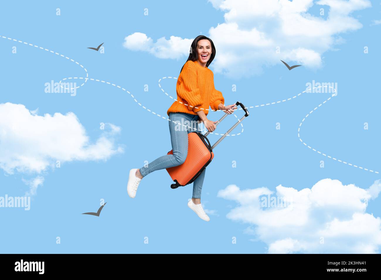 Banner advert collage of lady travel high on suitcase isolated on ...