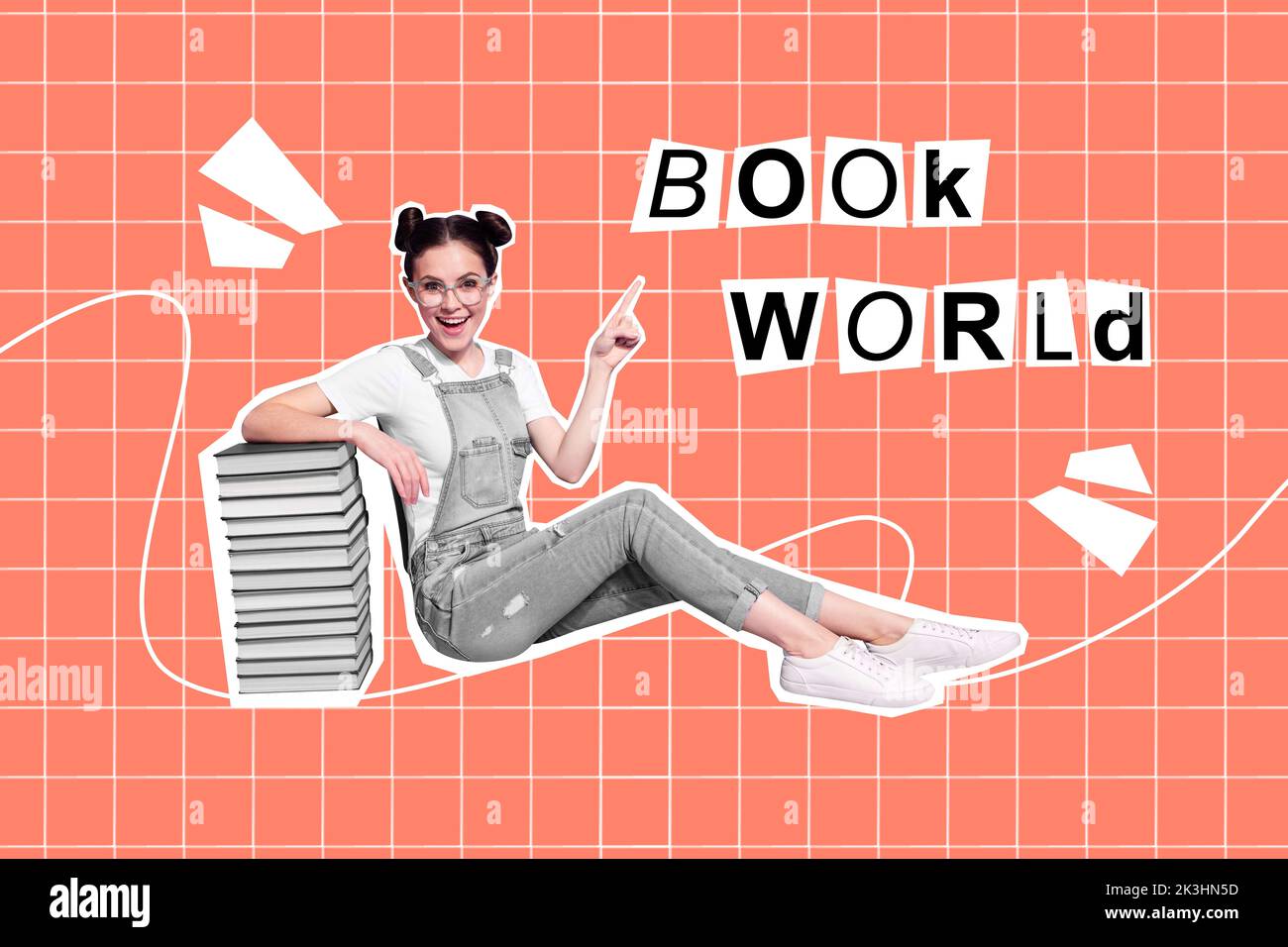Magazine pop collage of schoolgirl advertise bookshop book world season ...