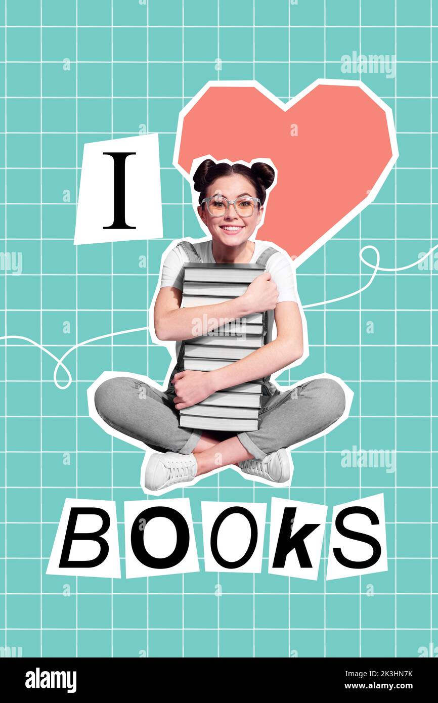 Advert banner collage of lady embrace favorite book collection bought ...